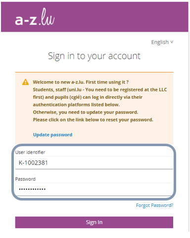 Log in with a valid library account – a-z.lu | Online Help
